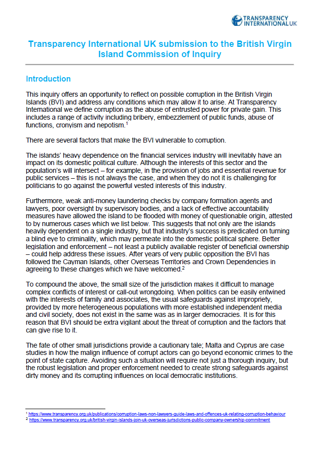 Transparency International UK submission to the British Virgin Islands ...